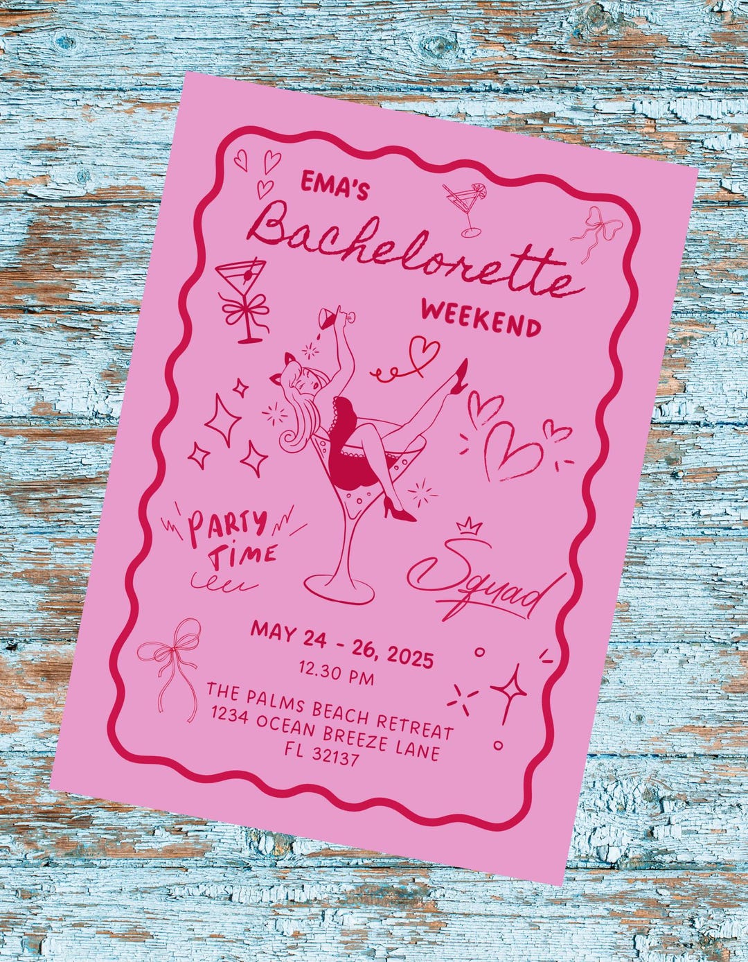 Custom Bachelorette Party Invitation: Doodle Pink & Red (PNG File) - Etsy