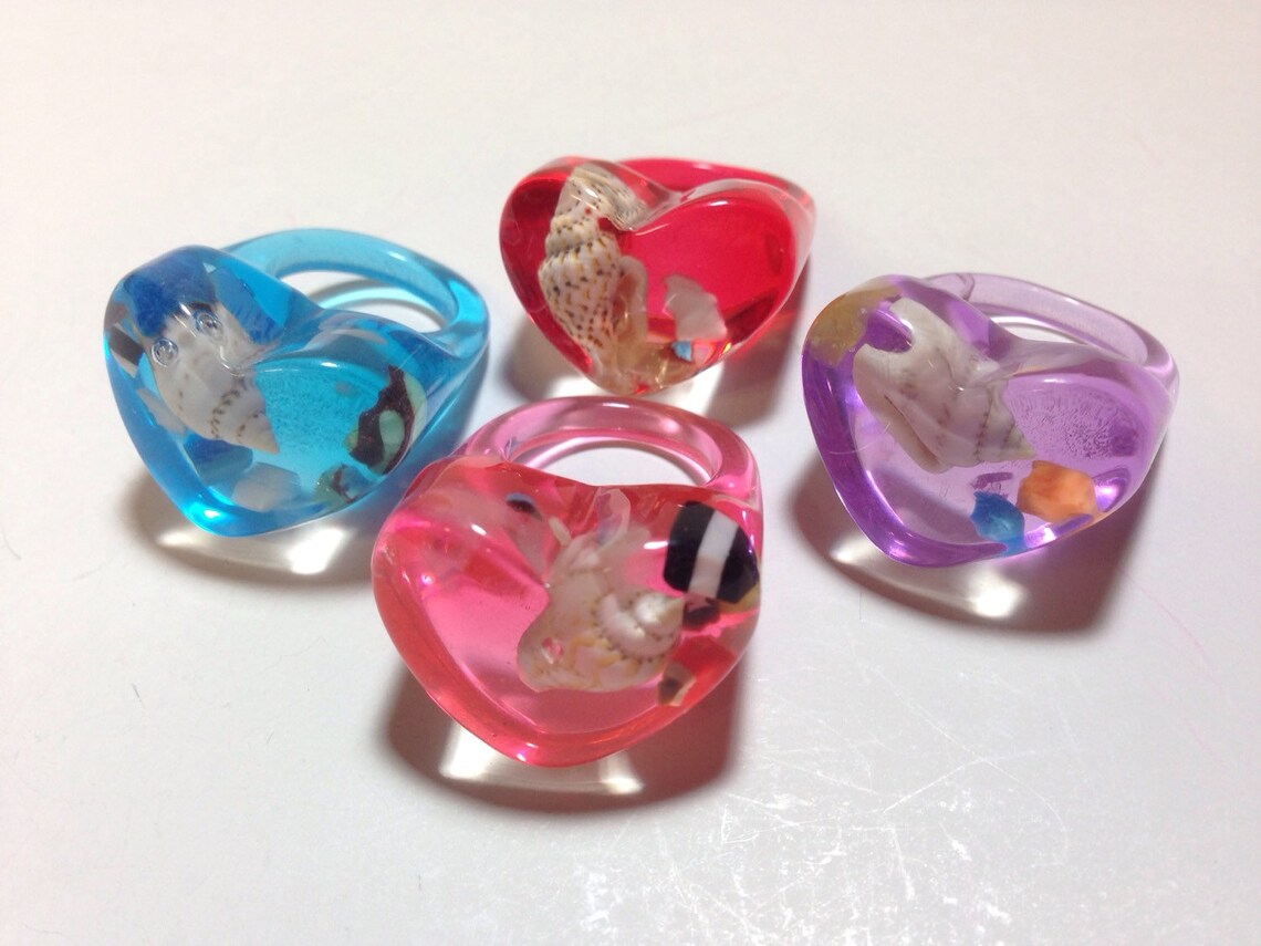 Vintage Plastic Heart Rings With Seashells Inside DEADSTOCK | Etsy