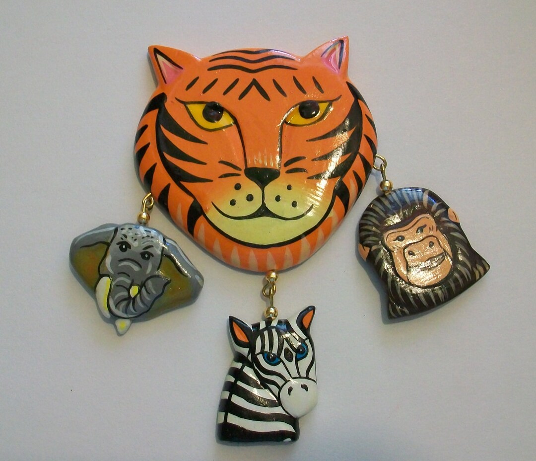 Amazing Vintage 80s Animal Jungle Tiger Monkey Zebra Elephant Pin ...