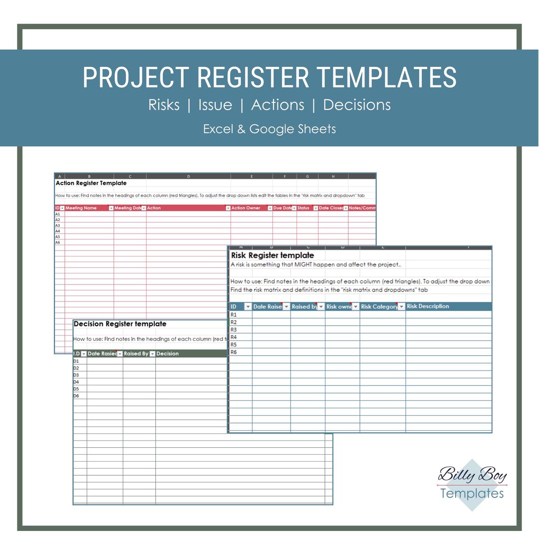 Project Management Register Templates | Excel, Google Sheets |risks ...