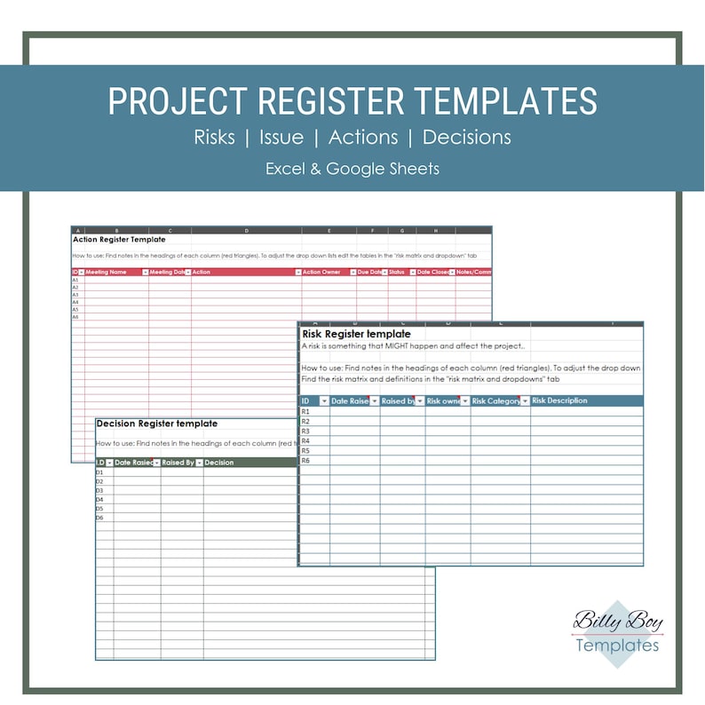 Project Management Register Templates | Excel, Google Sheets |risks ...