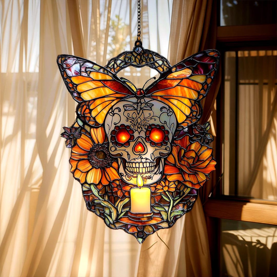 Sugar Skull Suncatcher With Butterfly Wings Acrylic Window Hanging Día ...