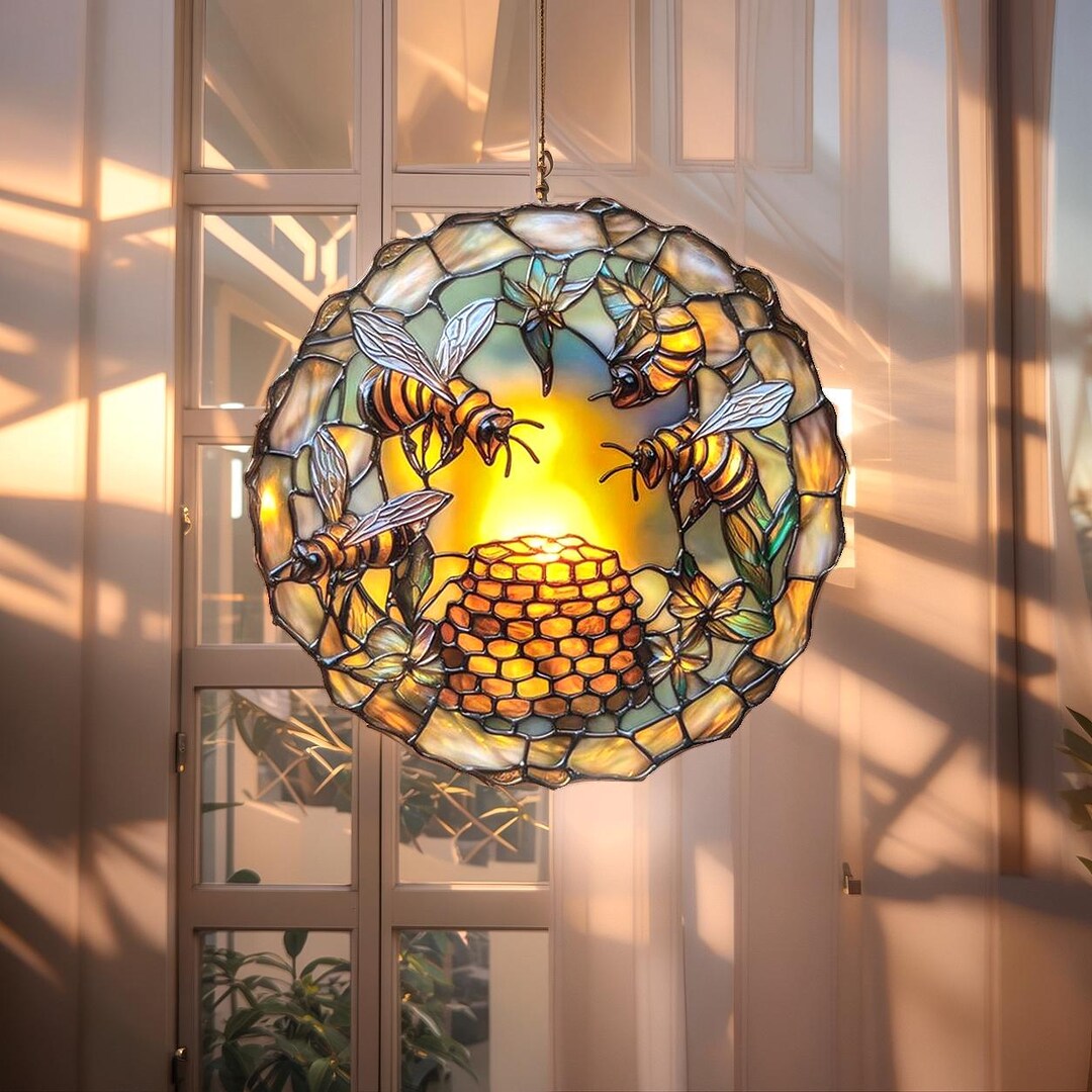 Honeycomb and Bees Acrylic Suncatcher, Faux Stained Acrylic Floral ...