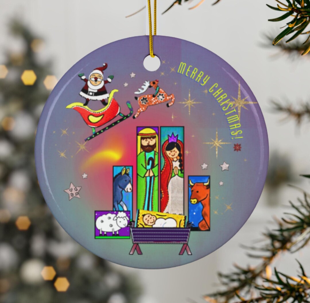 Christmas Nativity Scene & Santa in a Sparkling Ceramic Ornament for a ...