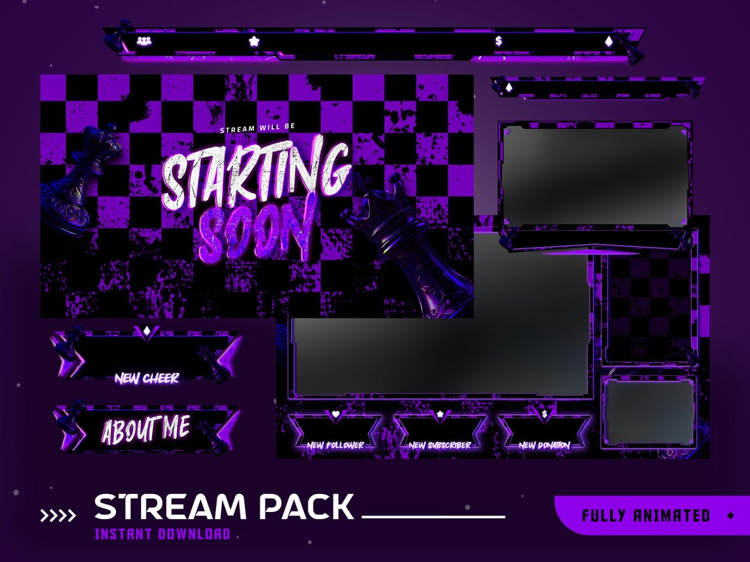 Dark Chess Animated Stream Overlay Package, Dark Purple Overlay, Chess ...