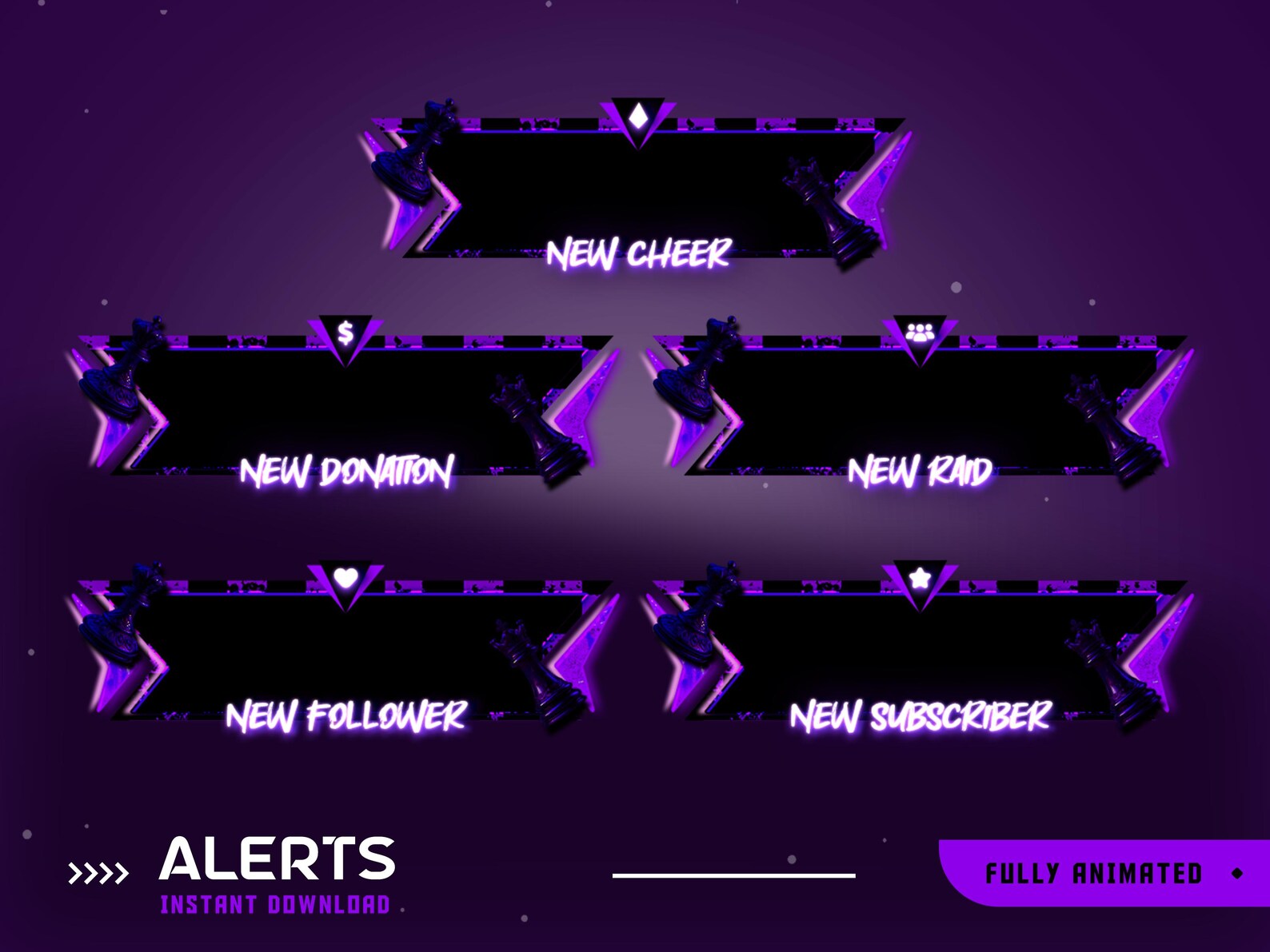 Dark Chess Animated Stream Alert Overlay Package, Dark Purple Overlay ...