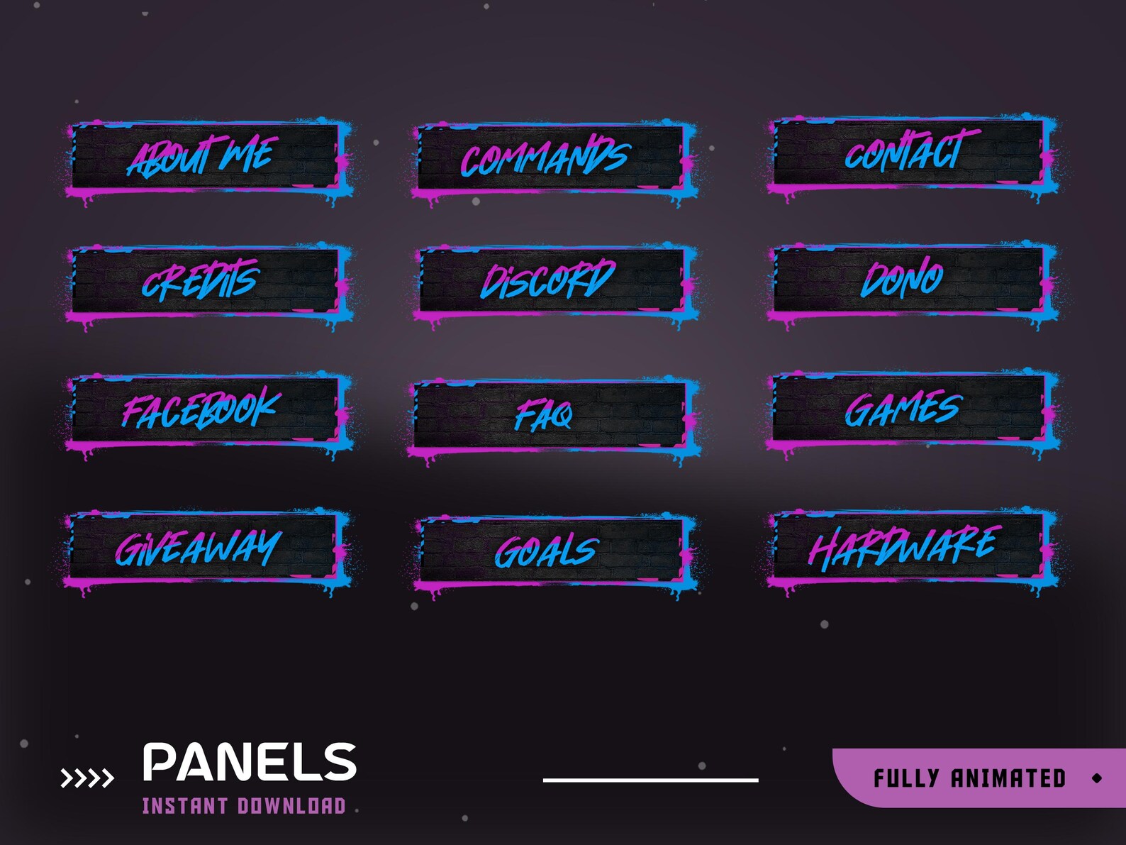 Brick Splash Static Stream Panel Overlay Package, Purple Blue Panels, Graffiti Panel, Neon ...