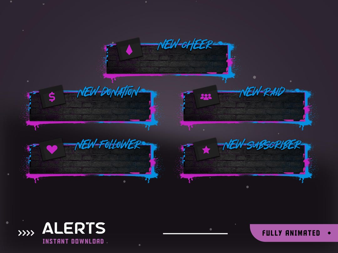 Brick Splash Animated Stream Alert Overlay Package, Purple Blue Alert ...