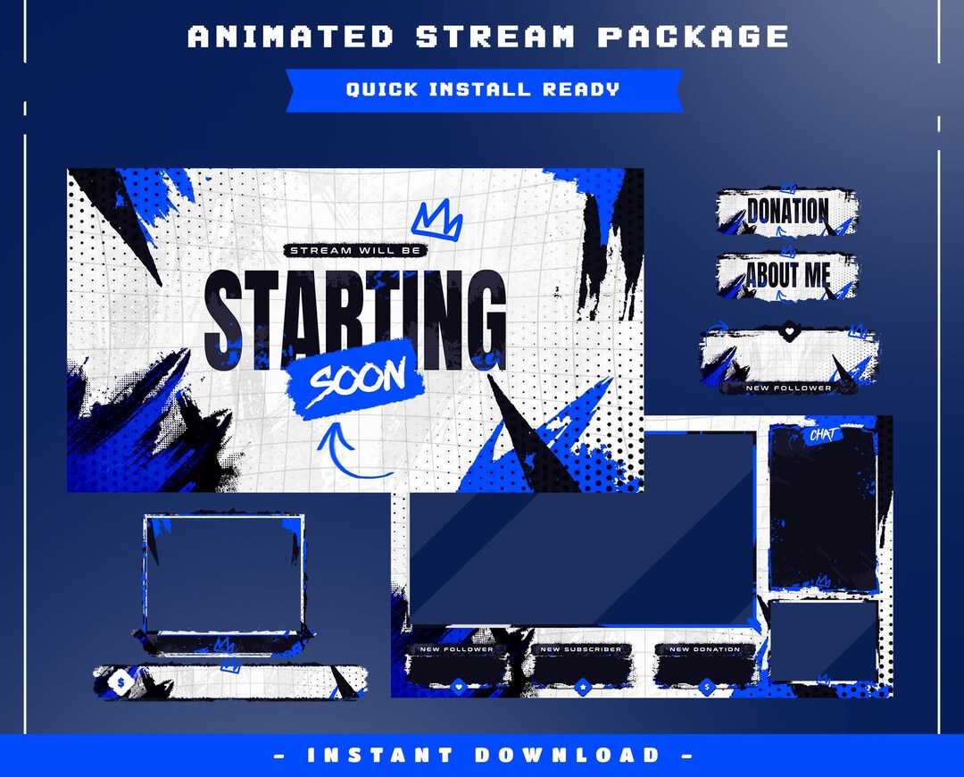 Hard Brush Animated Stream Overlay Package, Blue Black Art Stream ...