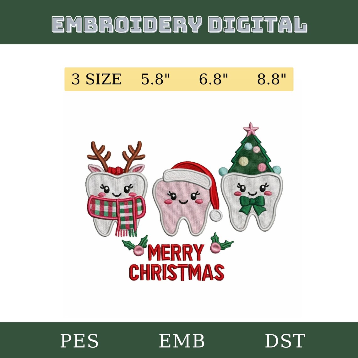 Cute Tooth Christmas Embroidery Design 3 Sizes, Christmas Dental Squad ...