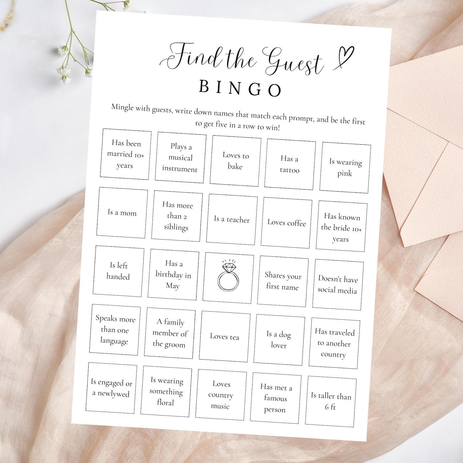 Find the Guest Bingo Bridal Shower Bingo Game Wedding Table Game Bridal ...