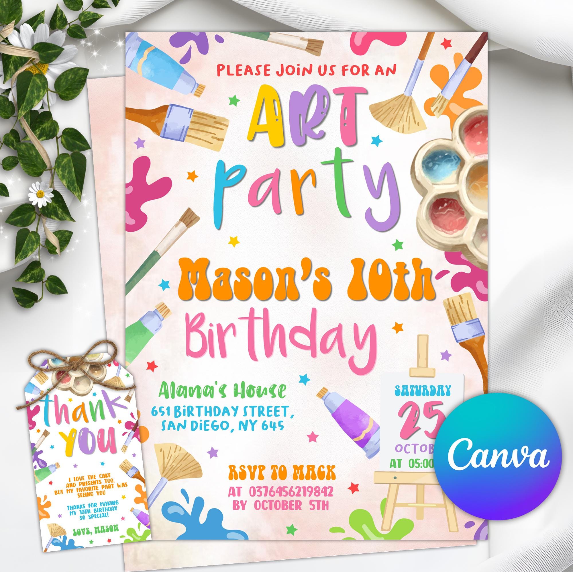 Editable Art Birthday Party Invitation, Art in Party Birthday Party ...