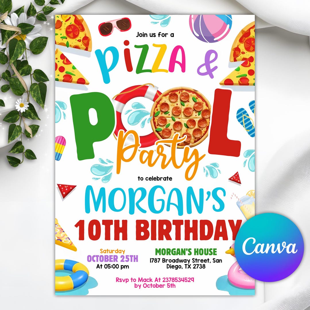 Pizza Pool Birthday Invitation, Pizza Pool Party Invite, Pool Birthday ...