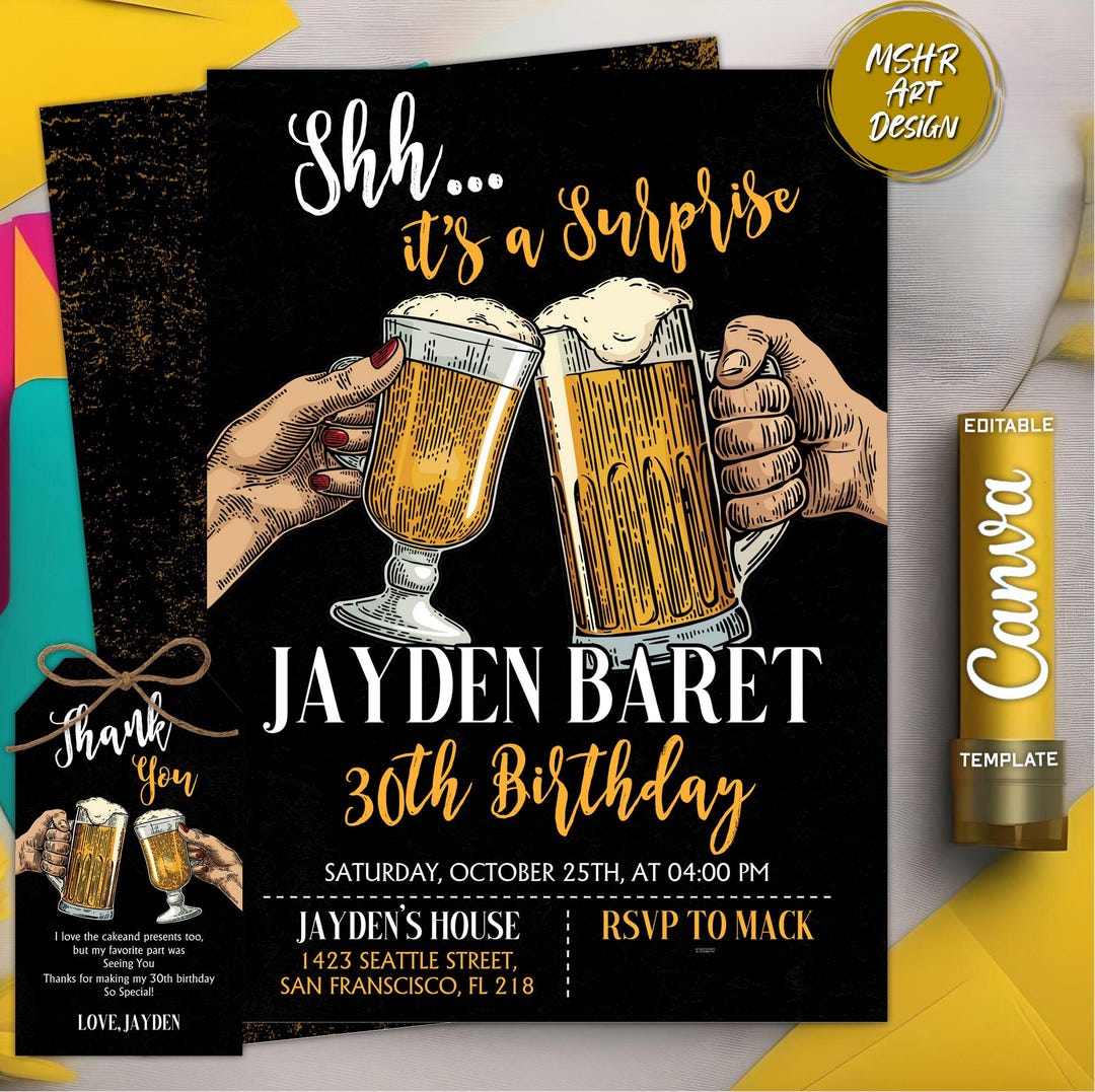 Surprise Beer Birthday Party Invitation: Editable Canva Template ...