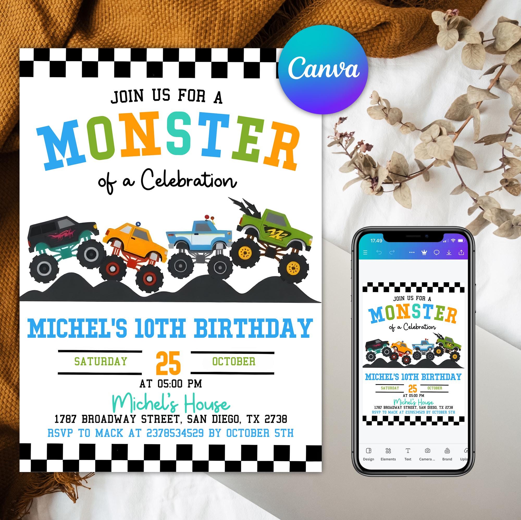 Monster Truck Birthday Invitation, Truck Party Invite, Printable ...