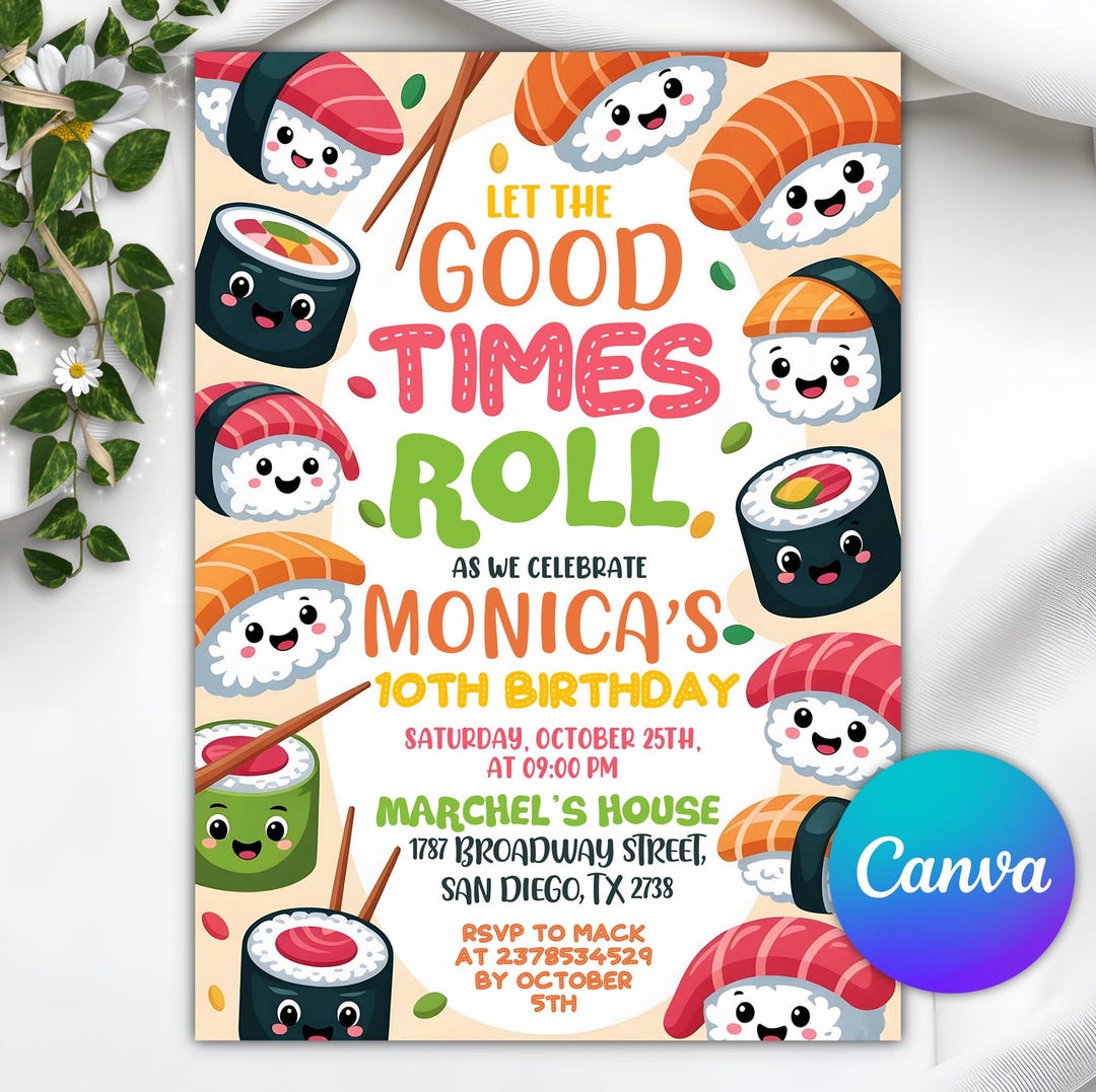 Sushi Birthday Invitation, Japanese Themed Party Invite, Sushi Roll ...