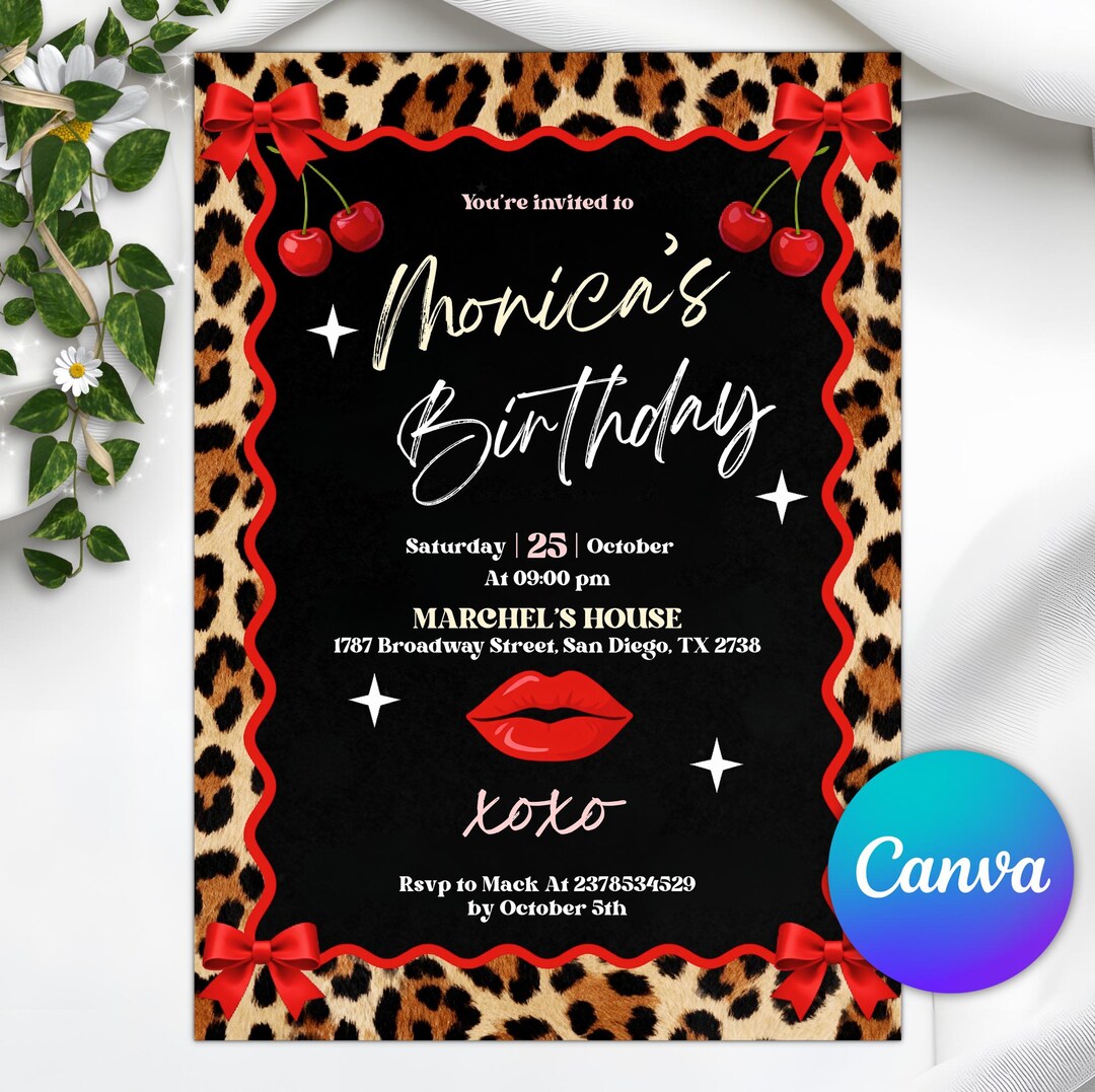 Cheetah Cherries Birthday Invitation, Leopard Print Red Bows, Coquette ...