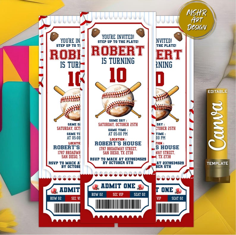 Baseball Ticket Birthday Invitation: Sports Party, Editable Canva ...