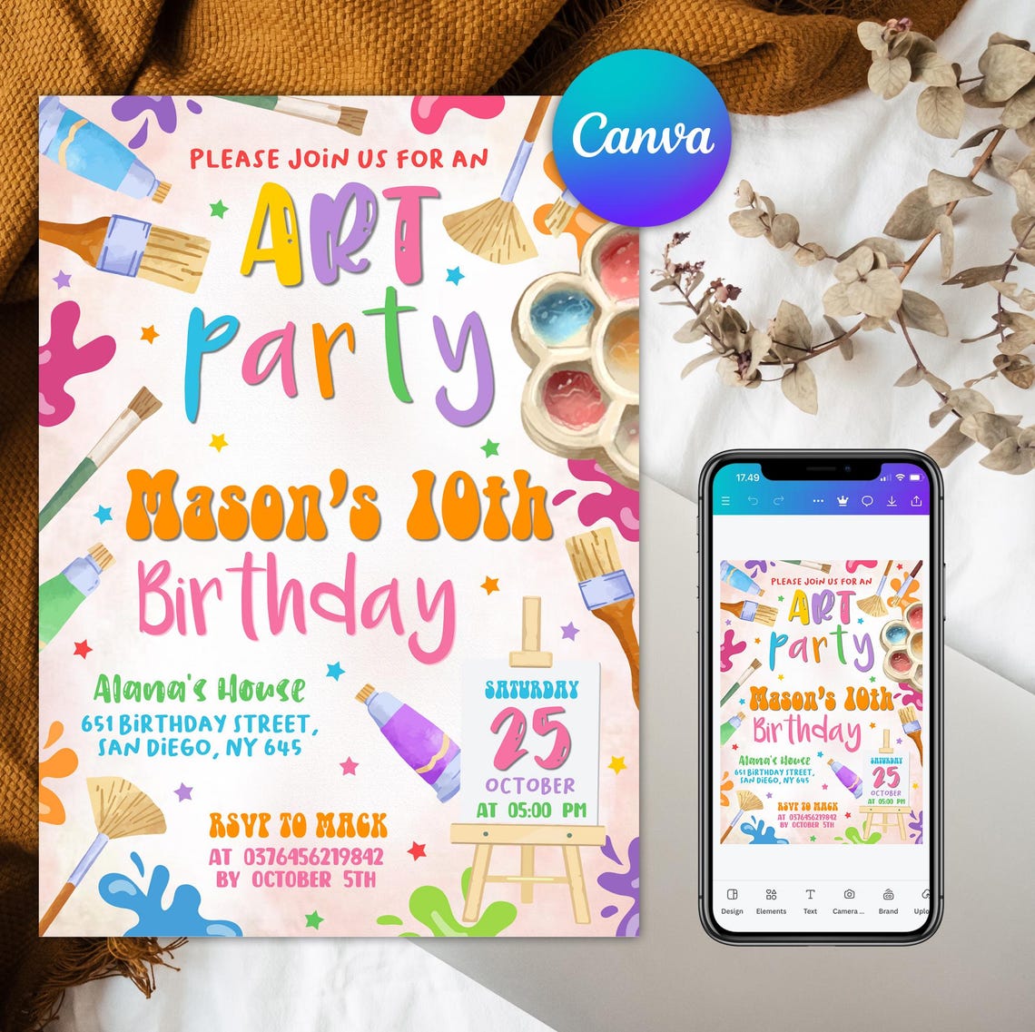 Editable Art Birthday Party Invitation, Art in Party Birthday Party ...
