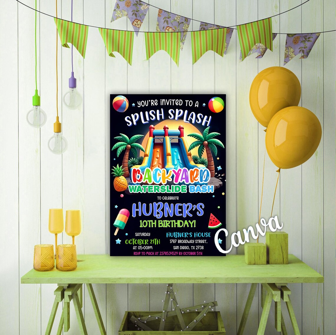 Waterslide Birthday Invitation: Splash Party Canva Template (5x7 In ...