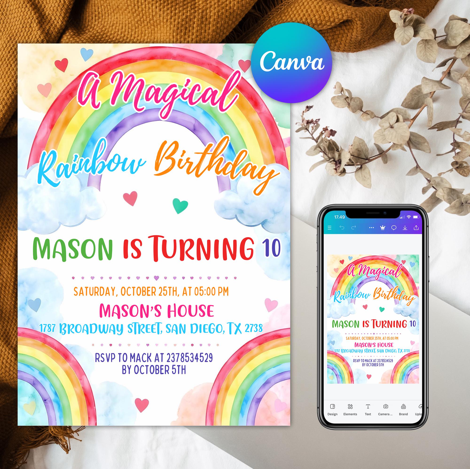 Editable Rainbow Birthday Invitation, Magical Pastel Clouds Party ...