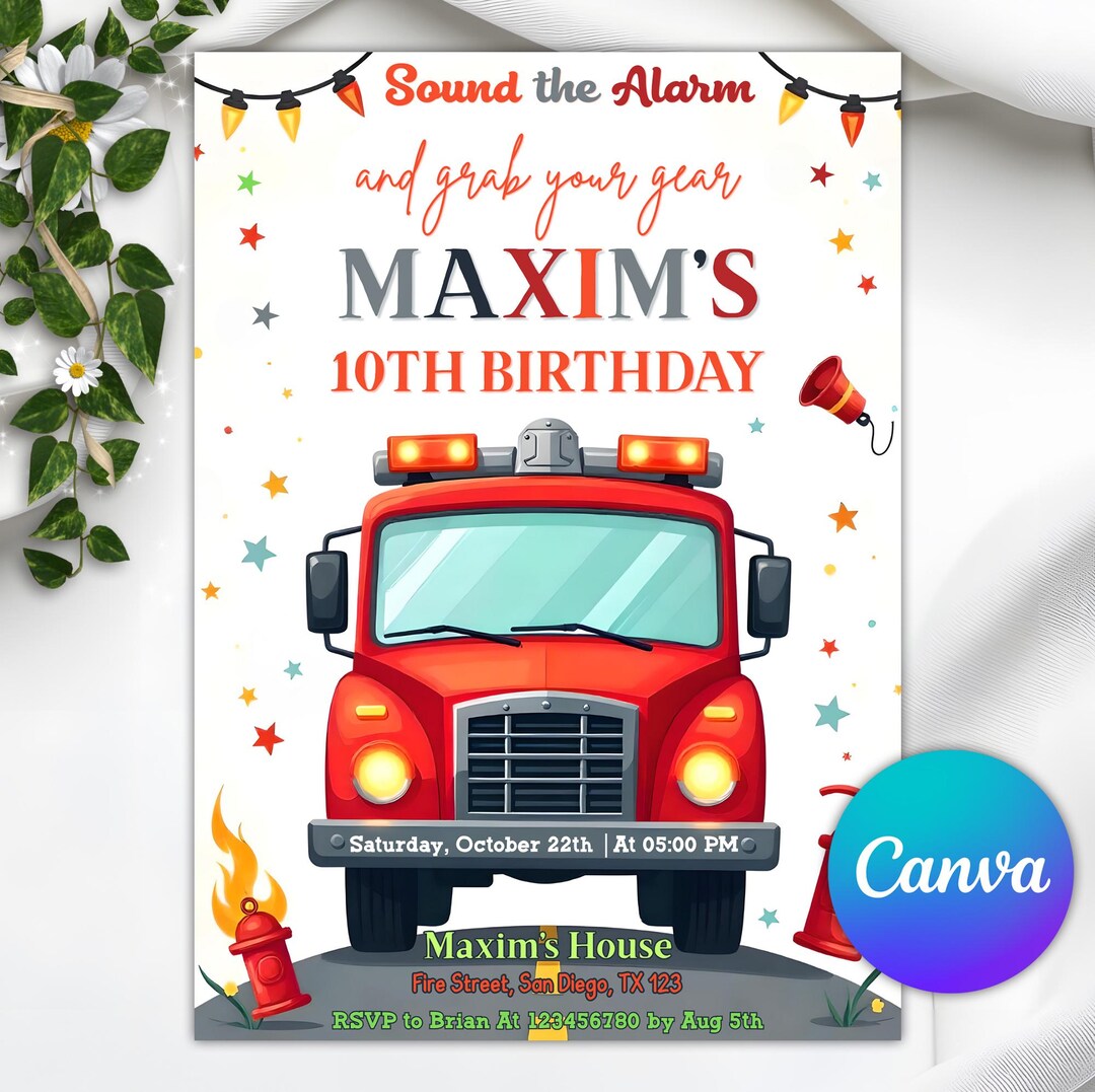 Editable Fire Truck Birthday Invitation Template, Firetruck Invitation ...