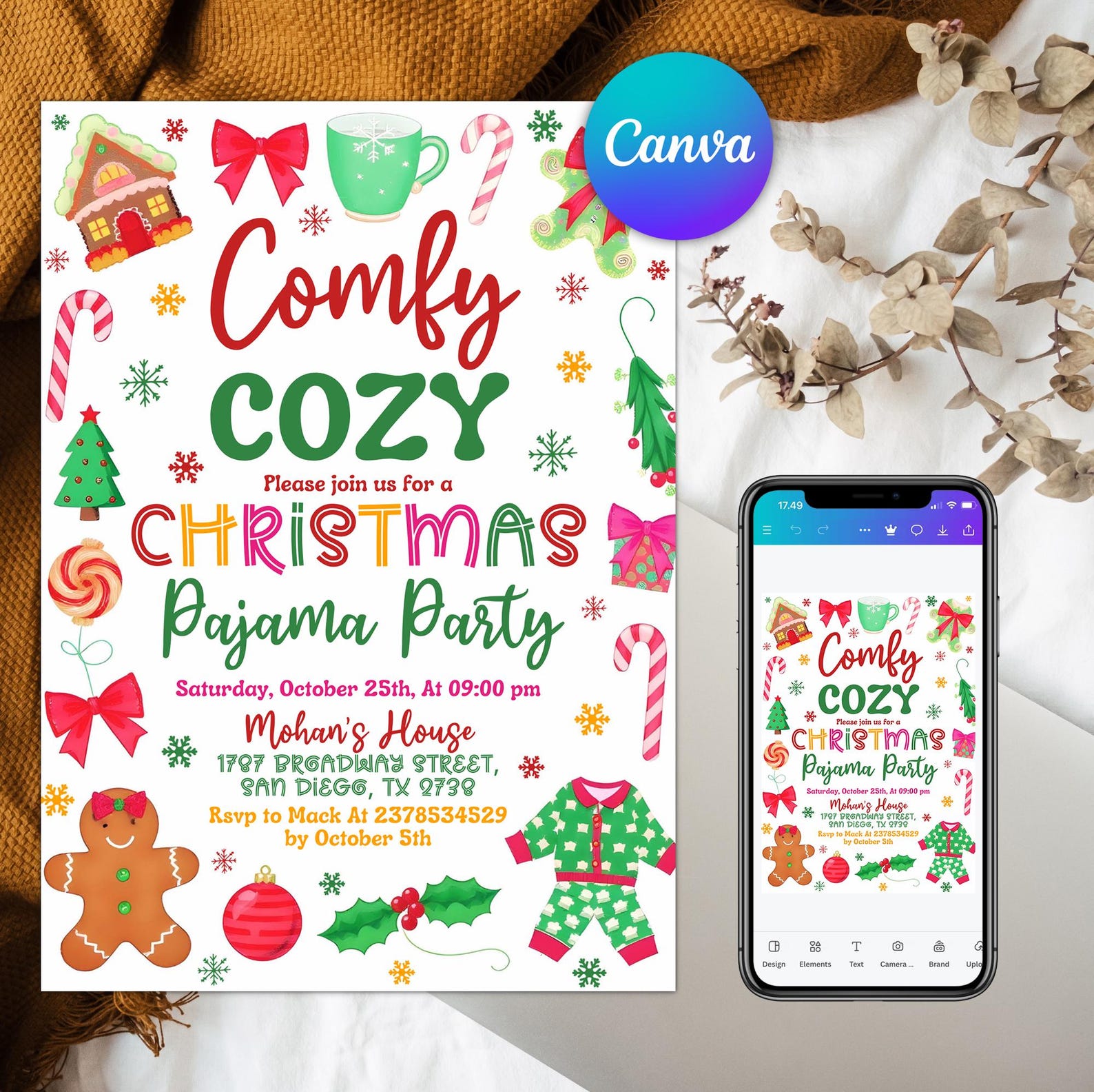 Editable Comfy and Cozy Christmas Invitation, Pajama Party Invite ...