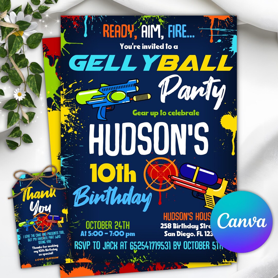 Editable Gellyball Birthday Invitation, Paintball Party, Gel Blaster ...