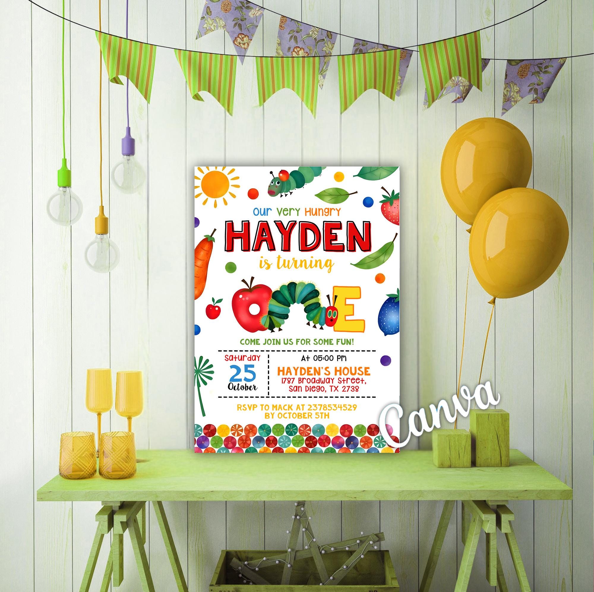 Very Hungry Caterpillar First Birthday Invitation, Hungry Caterpillar ...