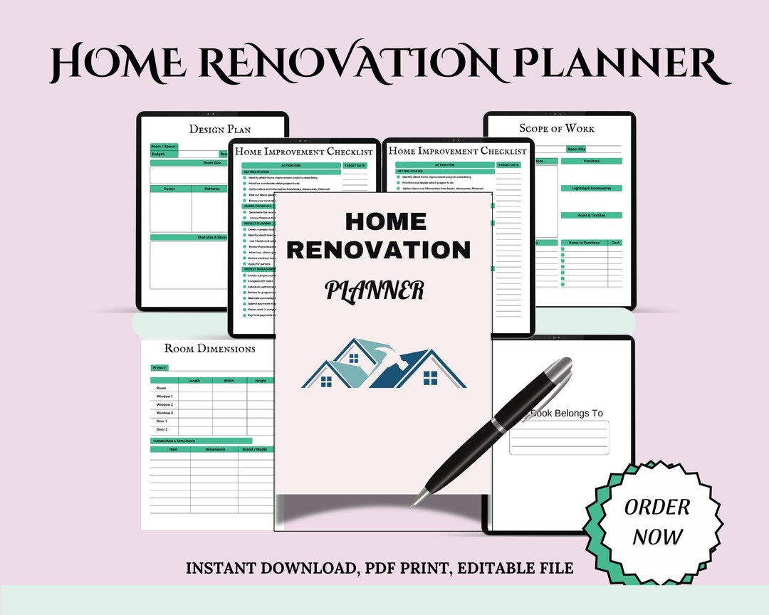Home Renovation Planner Printable – Project Budget Tracker, Room ...