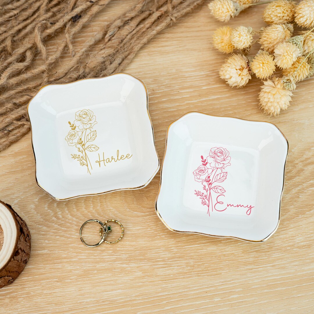 Personalised Birth Month Flower Mini Ring Dish, Custom Floral Initial ...