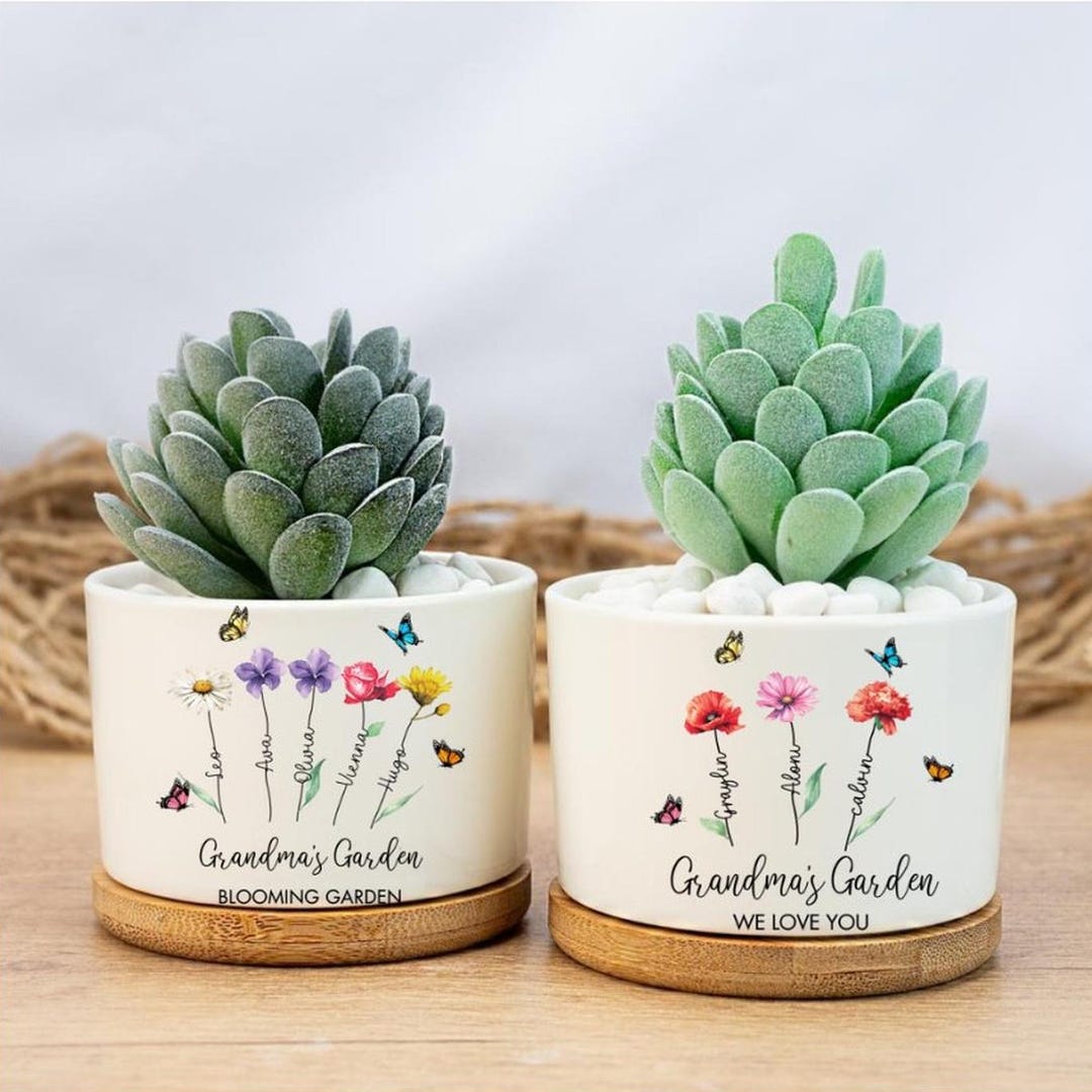 Personalized Birth Flower Pots, Custom Grandma's Garden Mini Plant Pot ...