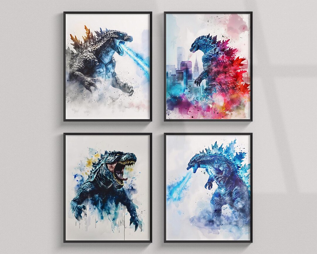 Godzilla Poster Printable, Set of 4 Watercolor Godzilla Art Print ...