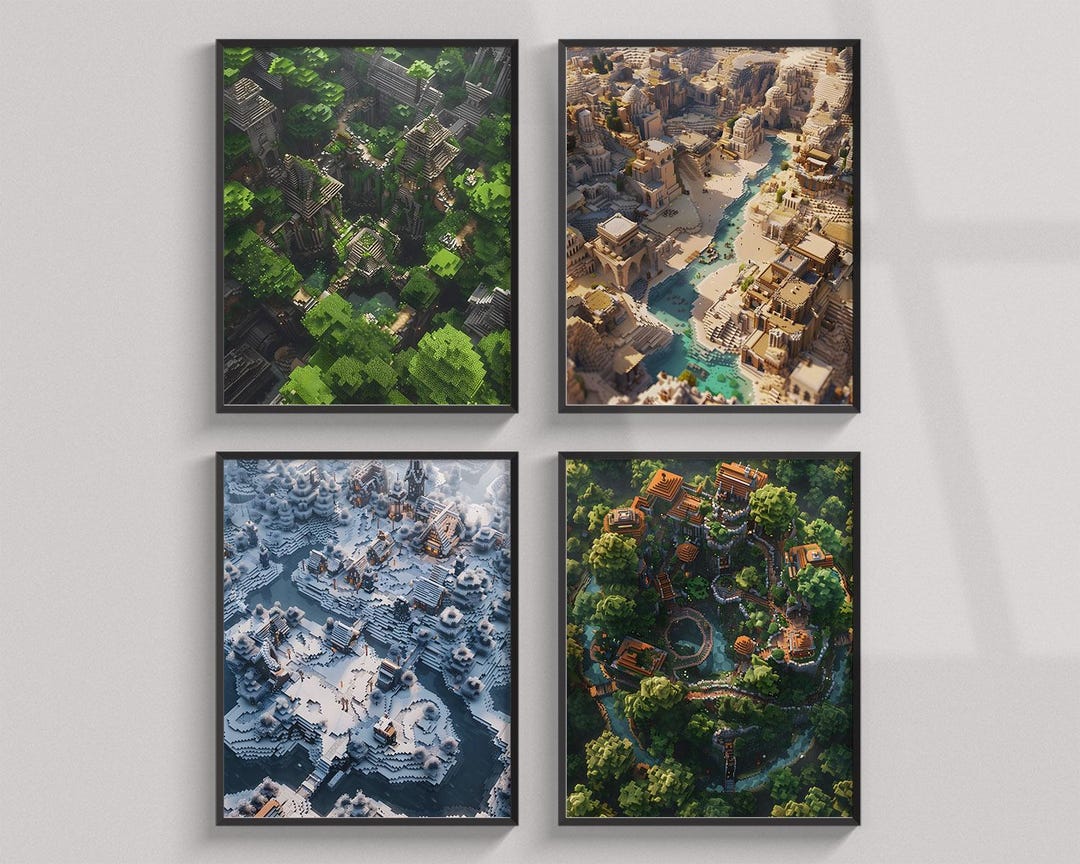 Minecraft Art Print, Map Pixel World, Set of 4 Video Game Posters ...