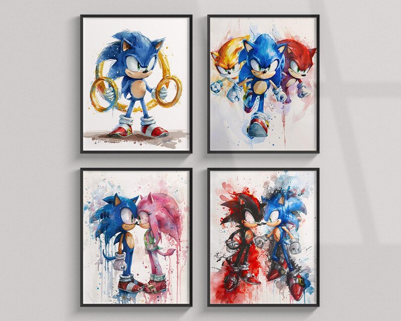 Hedgehog Sonic Poster Printable, Set of 4 Watercolor Video Game Art ...