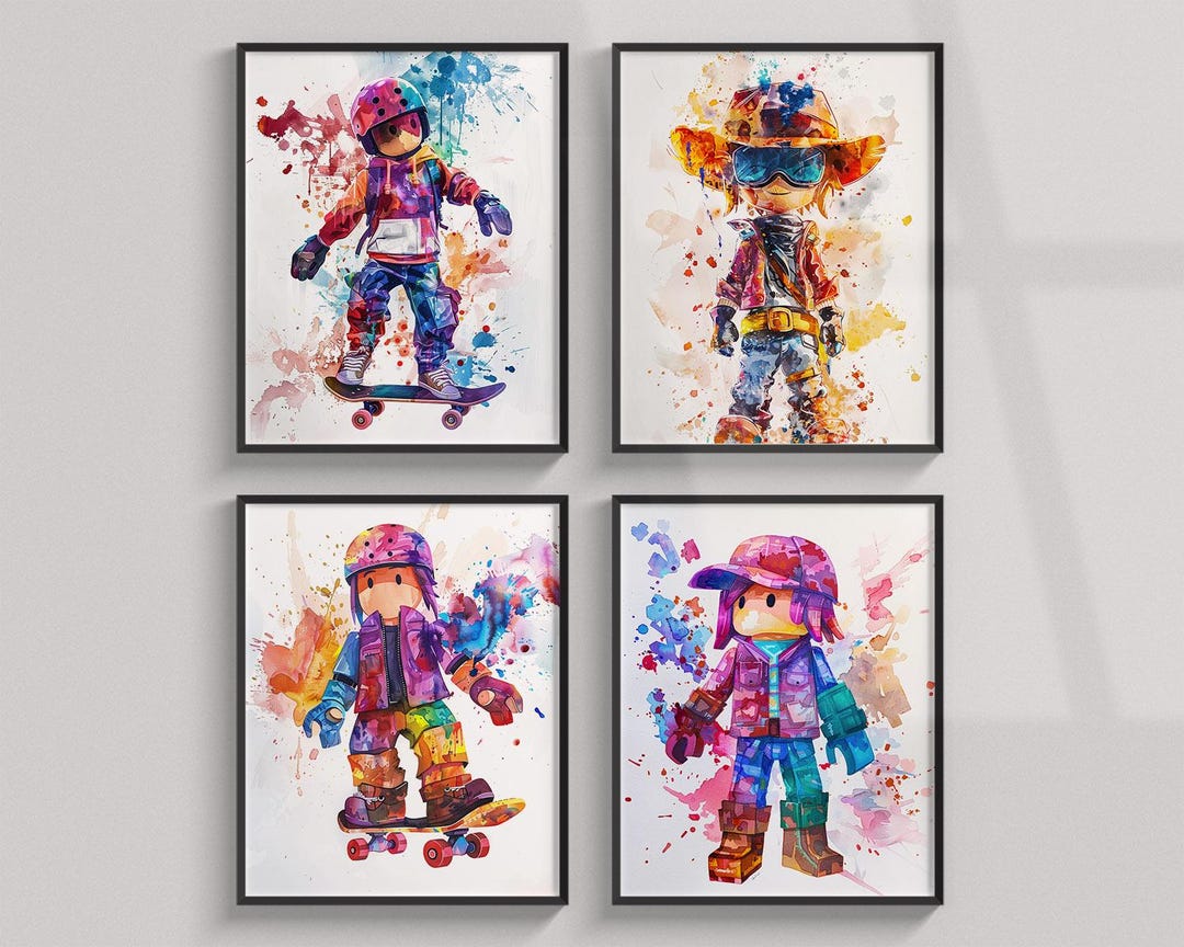 Roblox Art Print, Set of 4 Watercolor Skins Characters, Video Game ...