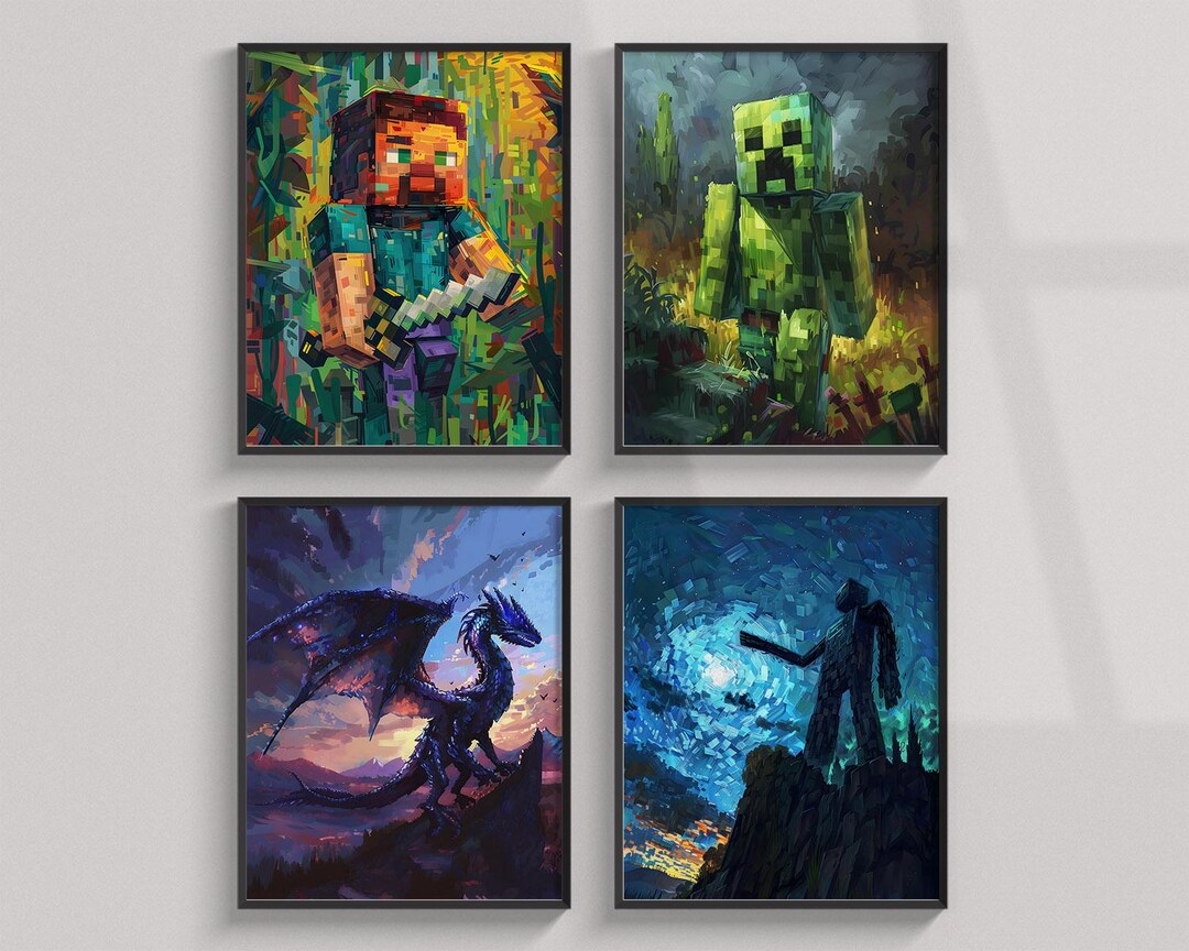 Exclusive Minecraft Art Print, Van Gogh Art, Set of 4 Characters Video ...