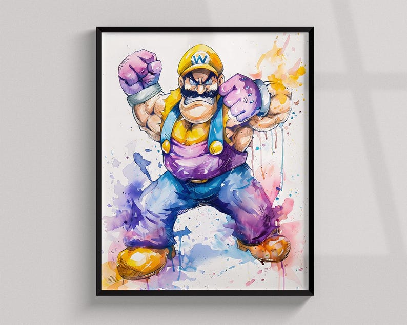 Super Mario Print, Wario Watercolor Video Game Poster Printable, Smash ...