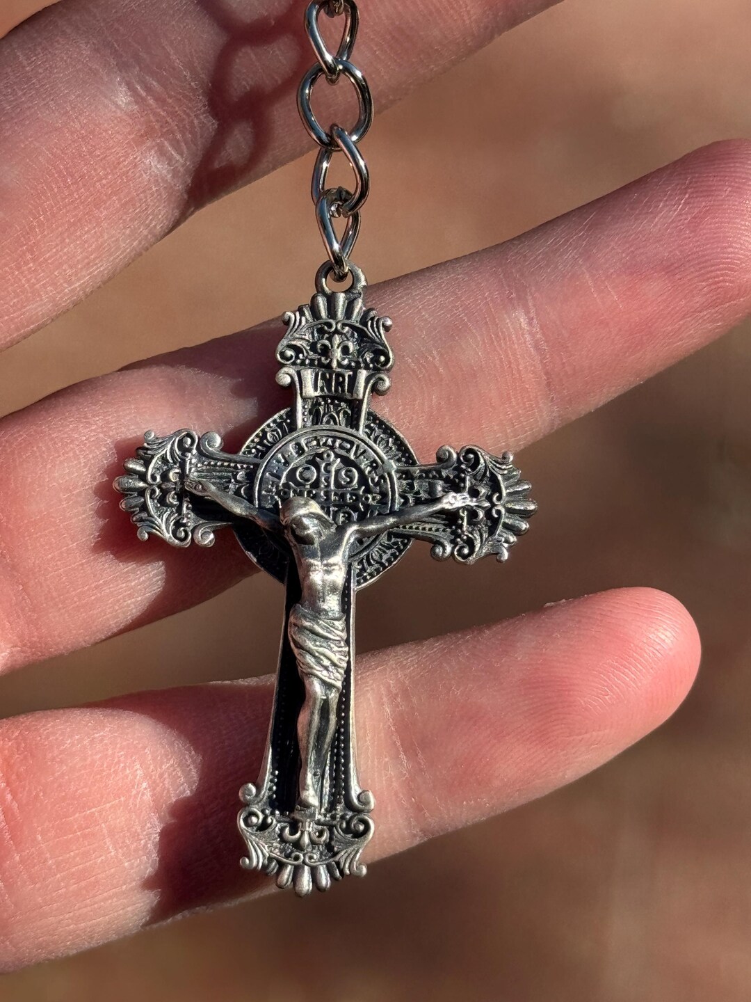 Sterling Silver Crucifix Keychain, Benedictine Medal, Handmade ...
