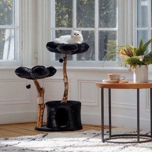 Modern Black Cat Tree: Plush Flower Cat Bed & Sisal Scratching Post - Etsy