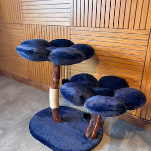 Blue Plush Flower Cat Tree: Modern Wooden Cat Tower - Etsy