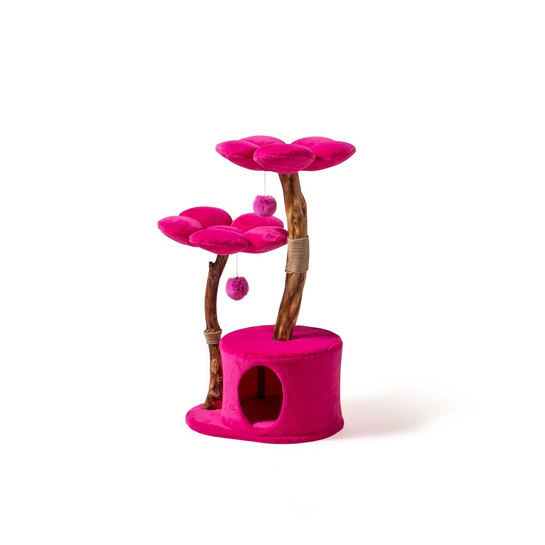 Floral Cat Tree: Pink Daisy Design, Natural Wood, Scratch Post for ...