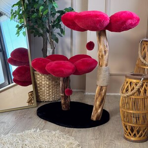 Red Floral Cat Tree: Plush Flower Cat Bed, Natural Wood Base - Etsy