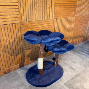 Blue Plush Flower Cat Tree: Modern Wooden Cat Tower - Etsy