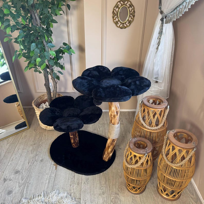Black Floral Cat Tree With Plush Flower Platforms and Natural Wood Base ...