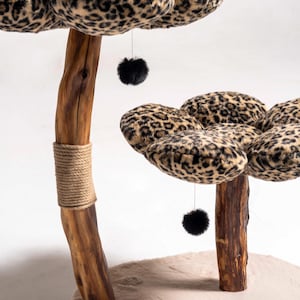 Leopard Floral Cat Tree: Plush Pods, Natural Wood, Large Cat Furniture ...