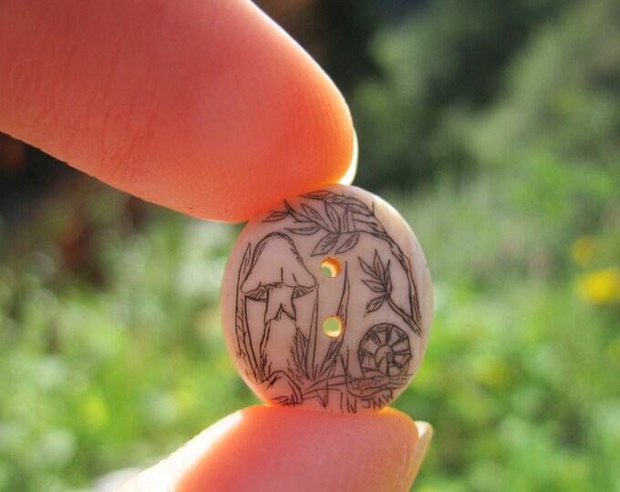 Tiny Scrimshaw Button in Antique Ivory Mushroom, Snail, Nature Artisan ...