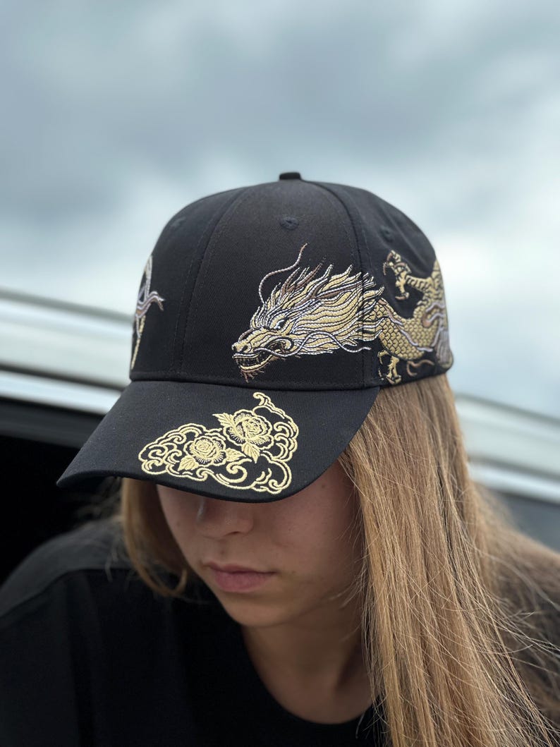360 Golden Dragon Embroidered Cap - Unisex - Etsy