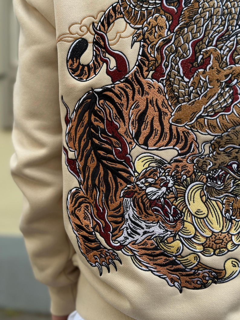 Heavy Embroidery Hoodie - Dragon Tiger - Unisex Cotton - Beige - Etsy