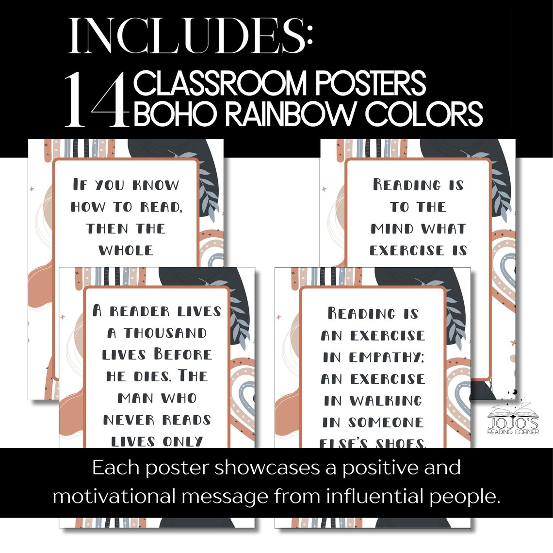 Motivational Classroom Posters | Boho Rainbow Reading Classroom Decor ...
